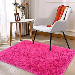Fluffy Rug for Living Room,Furry Carpet for Teen,Shaggy Rug for Nursery Room, Hot Pink Fuzzy Plush Rug for Dorm, Rectangle Shag Rug 2x3 Feet