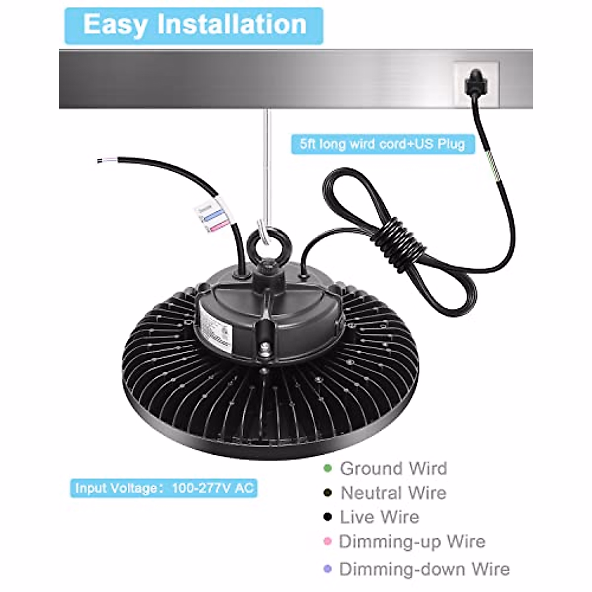 Qmix LED High Bay Light 150W 22,500LM 1-10V Dimmable with 5' Cable W/US Plug, UFO High Bay Light 5000K Daylight 600W MH Replacement, Commercial Bay Lighting DLC/ETL Listed