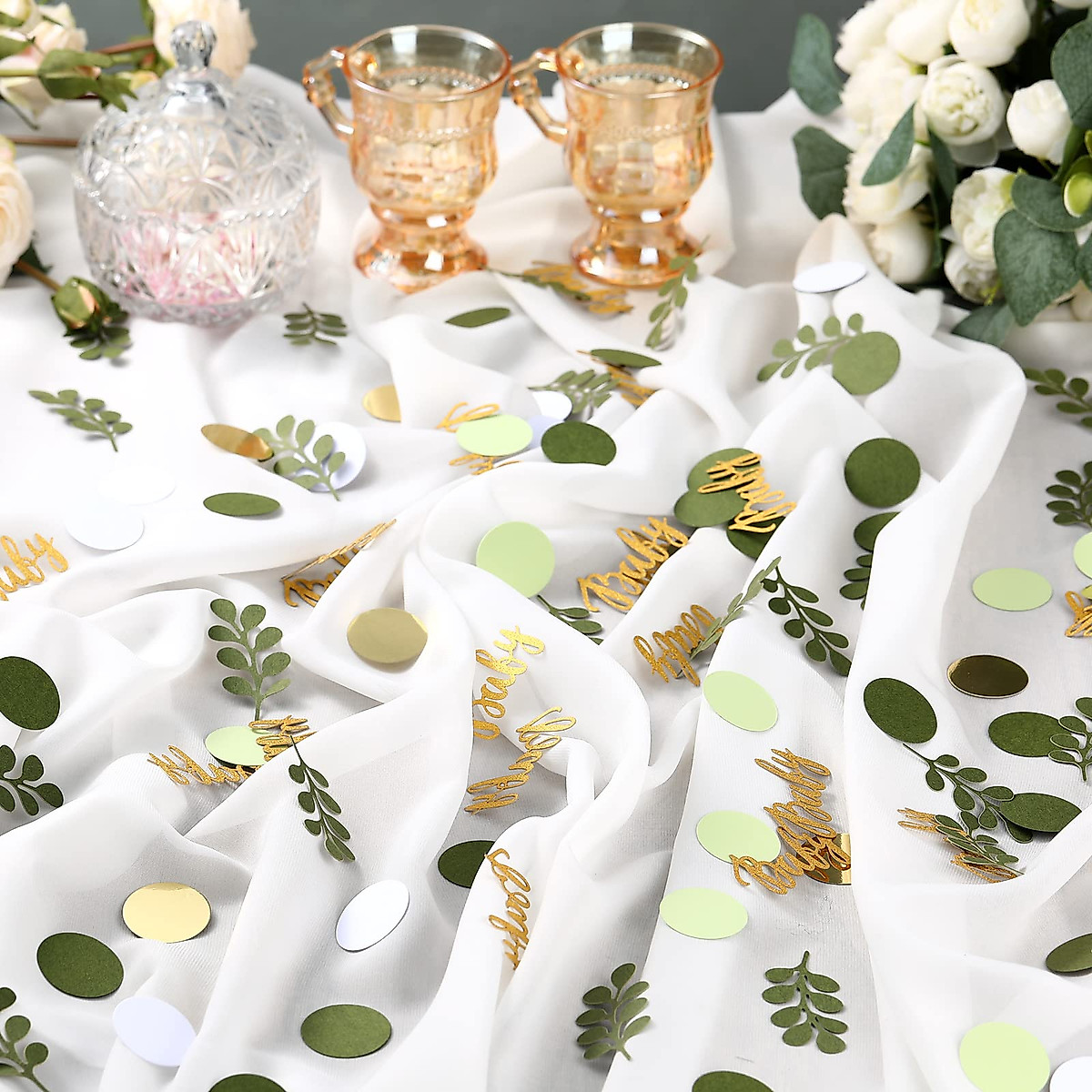 400 Pcs Greenery Baby Shower Confetti Scatter Decorations, Green Brown White Table Confetti Dots with Eucalyptus and Gold Baby Confetti Scatter for Baby Shower Gender Reveal Decor