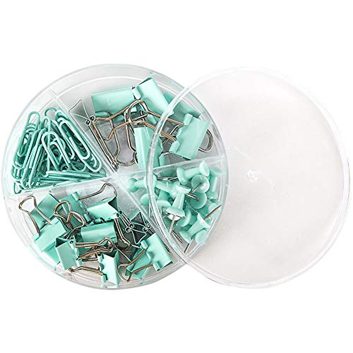 4-in-1 Boxed Binder Clips and Paper Clips Thumbtacks Set Assorted Sizes Small Medium Mini Paper Clamps Bulk for Office School Supplies Teachers Classroom Daily use (Light Green)