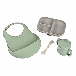 BEABA The Essentials Silicone Meal Set of 4, 100% Silicone Baby Plate Set - Dishwasher Safe, Soft, Unbreakable - Includes Siicone Plate, Sippy Cup, Bib and Spoon, Grey/Sage