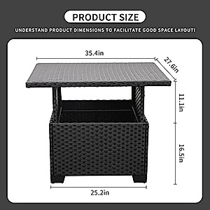 Outdoor PE Wicker Liftable Coffee Table - Patio Rattan Garden Furniture Multi-Functional Storage Tea Table, Black