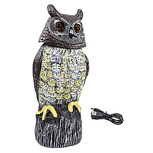 Rural365 Owl Decoy Bird Deterrent - Artificial Solar Powered Fake Owl with Rotating Head, Flashing Eyes, and Bird Sounds