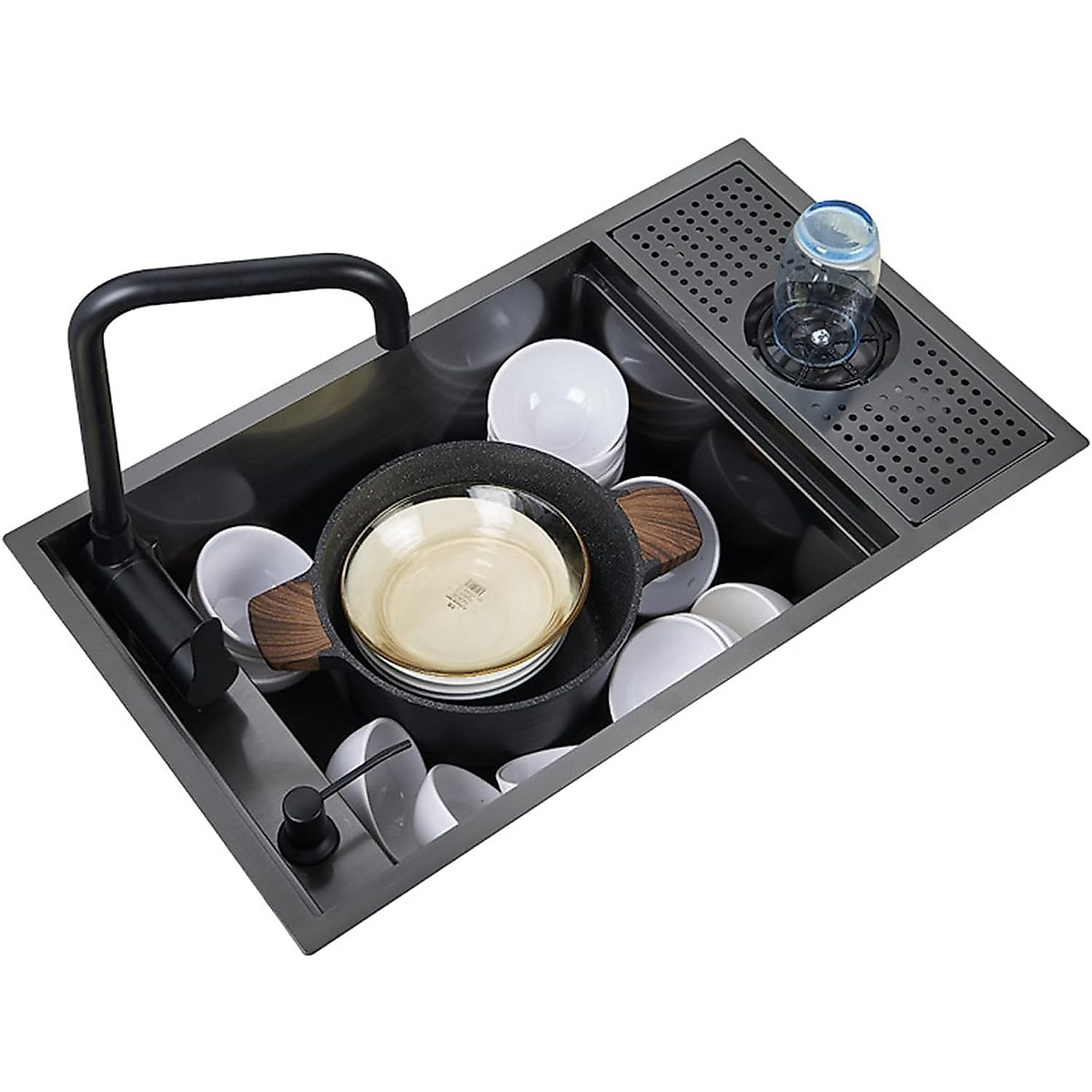 Bronstarz Nano Black 23 Inch Hidden Kitchen/Bar/Cafe/RV/balcony 304 Stainless Steel Sink with Foldable Faucet and Glass Rinser Set (23 * 12.6 * 8.3 INCH), Large, Bar1-5832-Black