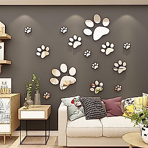 Pet Paw Print Wall Decals - Silver Mirror Acrylic Cat and Dog Footprint Stickers for Home Decor, Living Room, Bedroom, Kids' Room, Pet Stores, and Veterinary Clinics - Pet Lover Gift