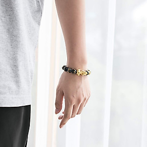 Feng Shui 14mm Black Hand Carved Mantra Beads Bracelet with 1 Golden Pi Xiu/Pi Yao and 1 Golden Mantra Bead Attract Lucky Wealthy
