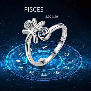 Aurora Tears Pisces Zodiac Rings Women 12 Constellation Horoscope Sign 925 Sterling Silver Mystic Rainbow Topaz Astrology Star Adjustable Birthday Gifts Fire Topaz Present DR0087Y
