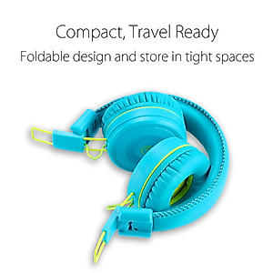 noot products Kids Headphones K22 Foldable Stereo Tangle-Free 5ft Long Cord 3.5mm Jack Plug in Wired On-Ear Headset for iPad/Amazon Kindle Fire/Boys/Girls/Laptop/School/Tablet (Teal/Lime)