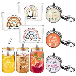 Hoolerry 9 Pcs Thank You Gifts for Women 16oz Glass Cup Motivational Pouch Employee Appreciation Keychain for Coworkers(Rainbow)