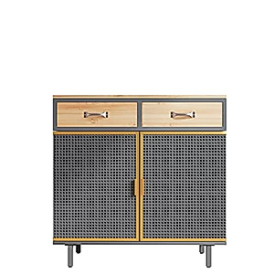 ZeHuoGe 31.5'' Accent Cabinet Sideboard Buffet, Iron Rattan Console Televison Table with Pop-up Doors, 2-Tier Storage Cabinet Buffet Sideboard (Gray)