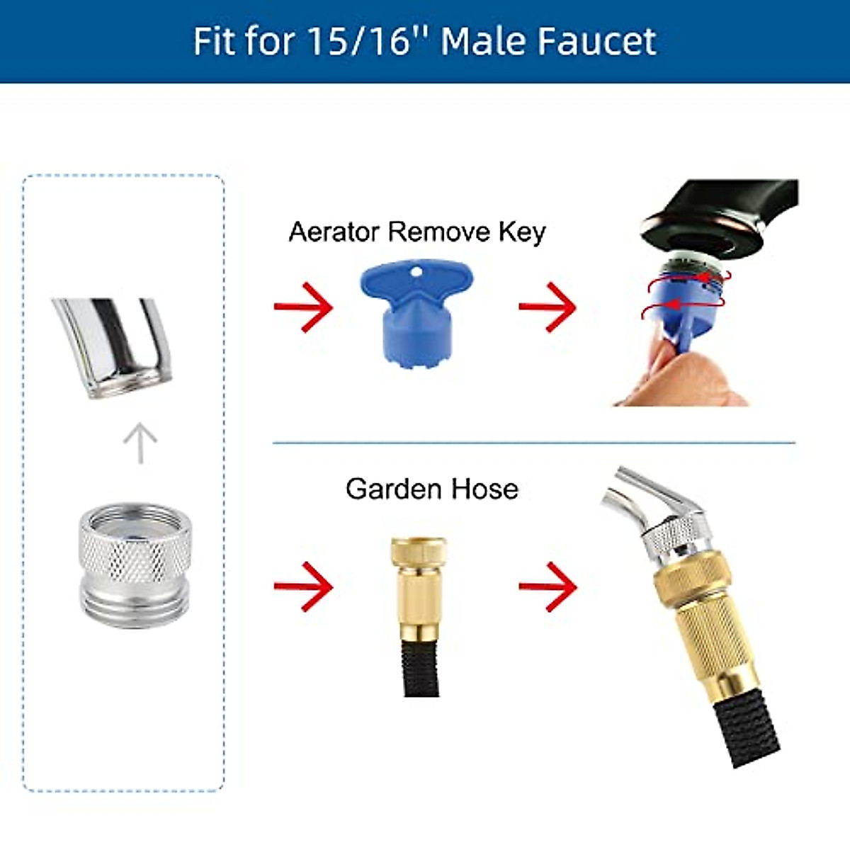 Hibbent Faucet to Garden Hose Adapter Kit, Sink Brass Garden Hose Attachment with Washer & Aerator Key, Multi-Thread Garden Hose Adapter for Male to Male and Female to Male, Chrome