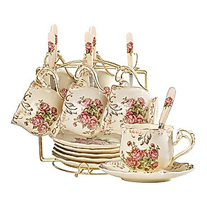 YOLIFE Tea Cups Display Stand, Disassemble Gold Coffee Cups Rack, Hold Up 6 Teacups (200ML), 6 Saucers, 6 Spoon