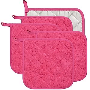 100% Cotton Kitchen Everyday Basic Terry Pot Holder Heat Resistant Coaster Potholder for Cooking and Baking Set of 5 (Dark Pink, Potholder)