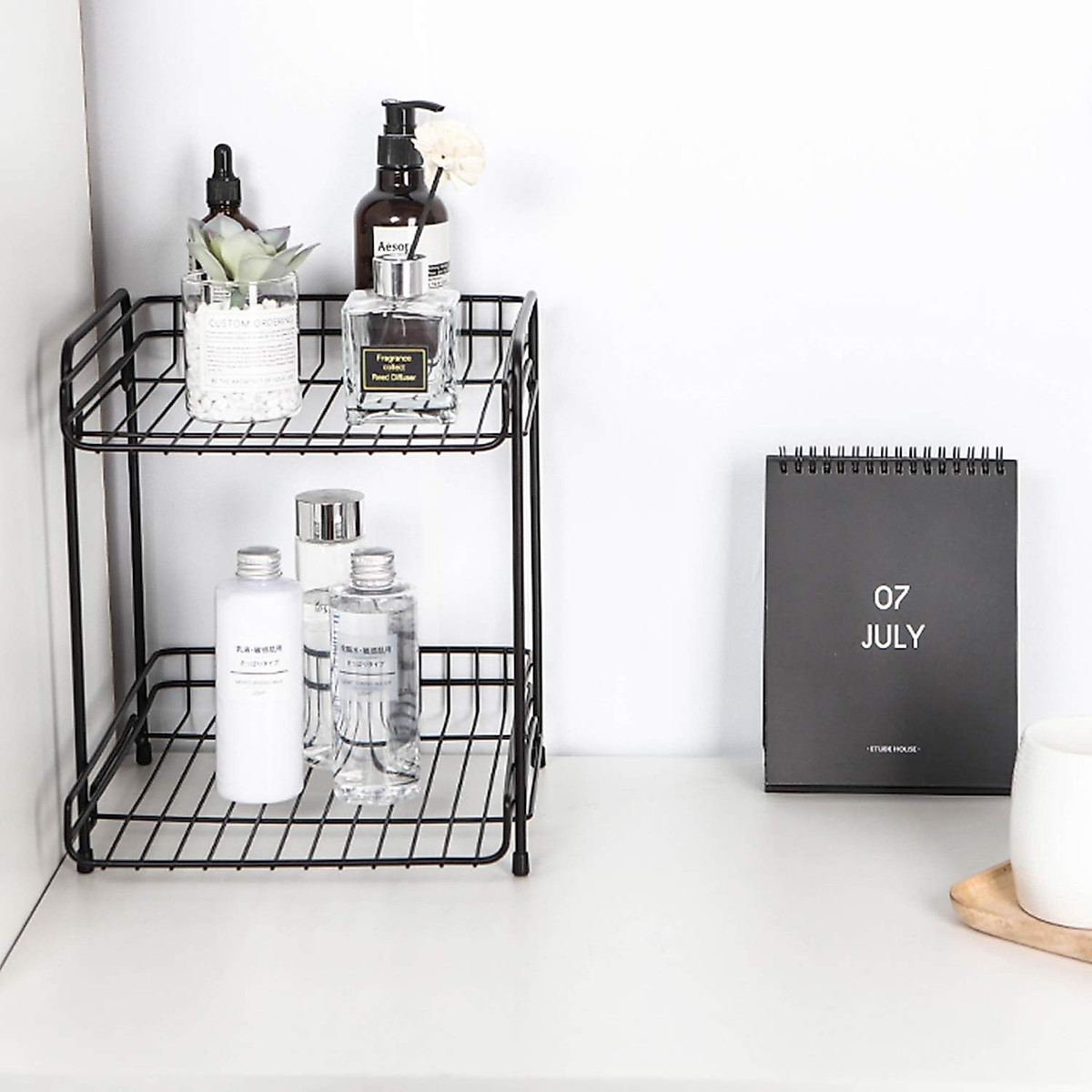 2 Tier Cabinet Organizer, Lainrrew Stackable Under Sink Organizer Mesh Basket Under the Sink Storage Organizer Shelves Rack for Home, Kitchen, Bathroom, Countertop (Black)