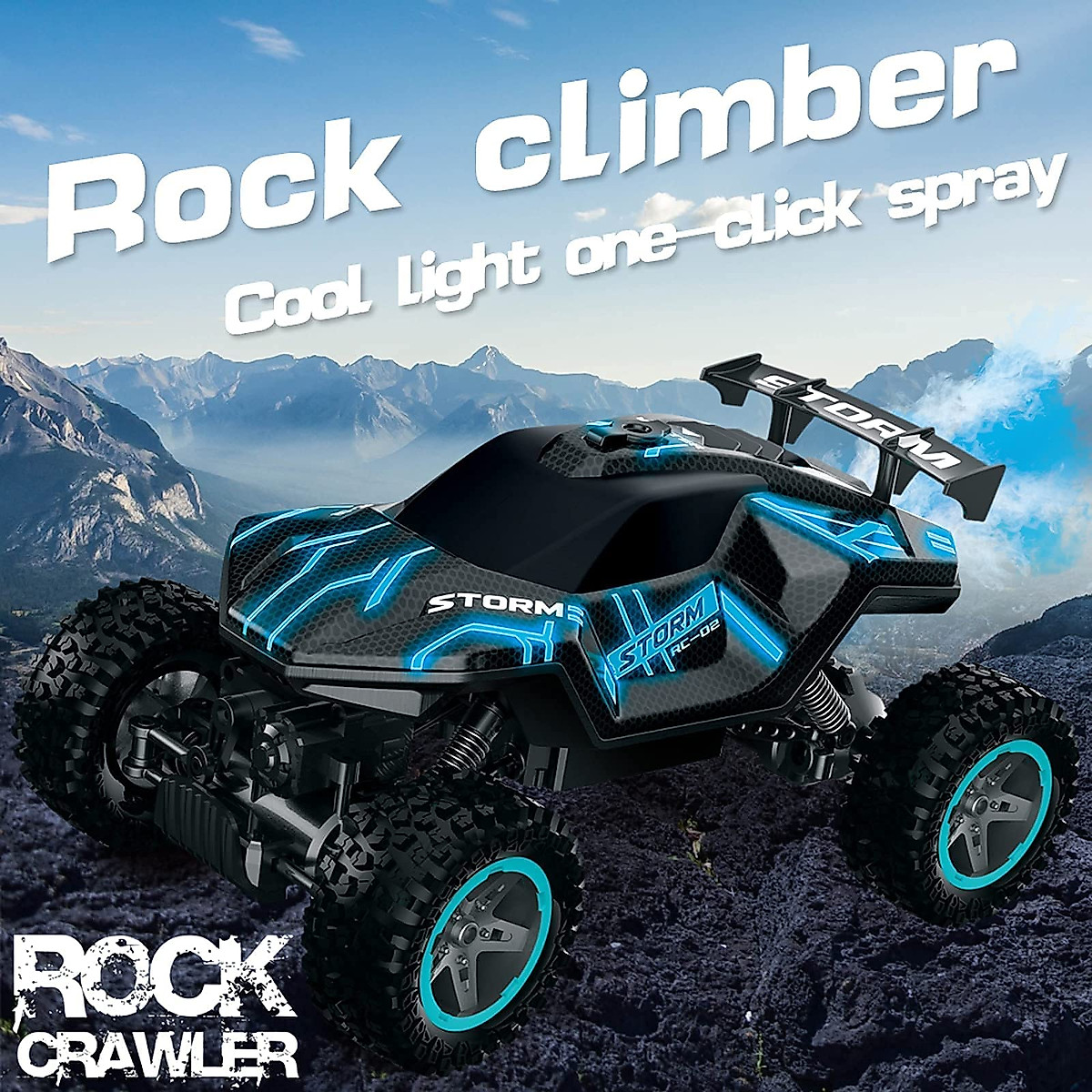 RC Cars Remote Control Car 1:16 4WD Off Road Rock Crawler, 2.4GHz All Terrain Monster Truck with Rear Fog Stream 5 LED Lighting Modes, 2 Battery for 60 Min Play, Toy Car Gift for Kids and Adults