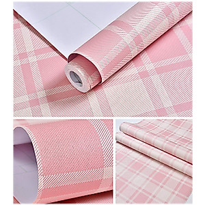 GLOW4U Plaid Pattern Vinyl Contact Paper Self Adhesive Shelf Drawer Liner for Kitchen Cabinets Backsplash Countetop (Pink, 24" Wx117 L)