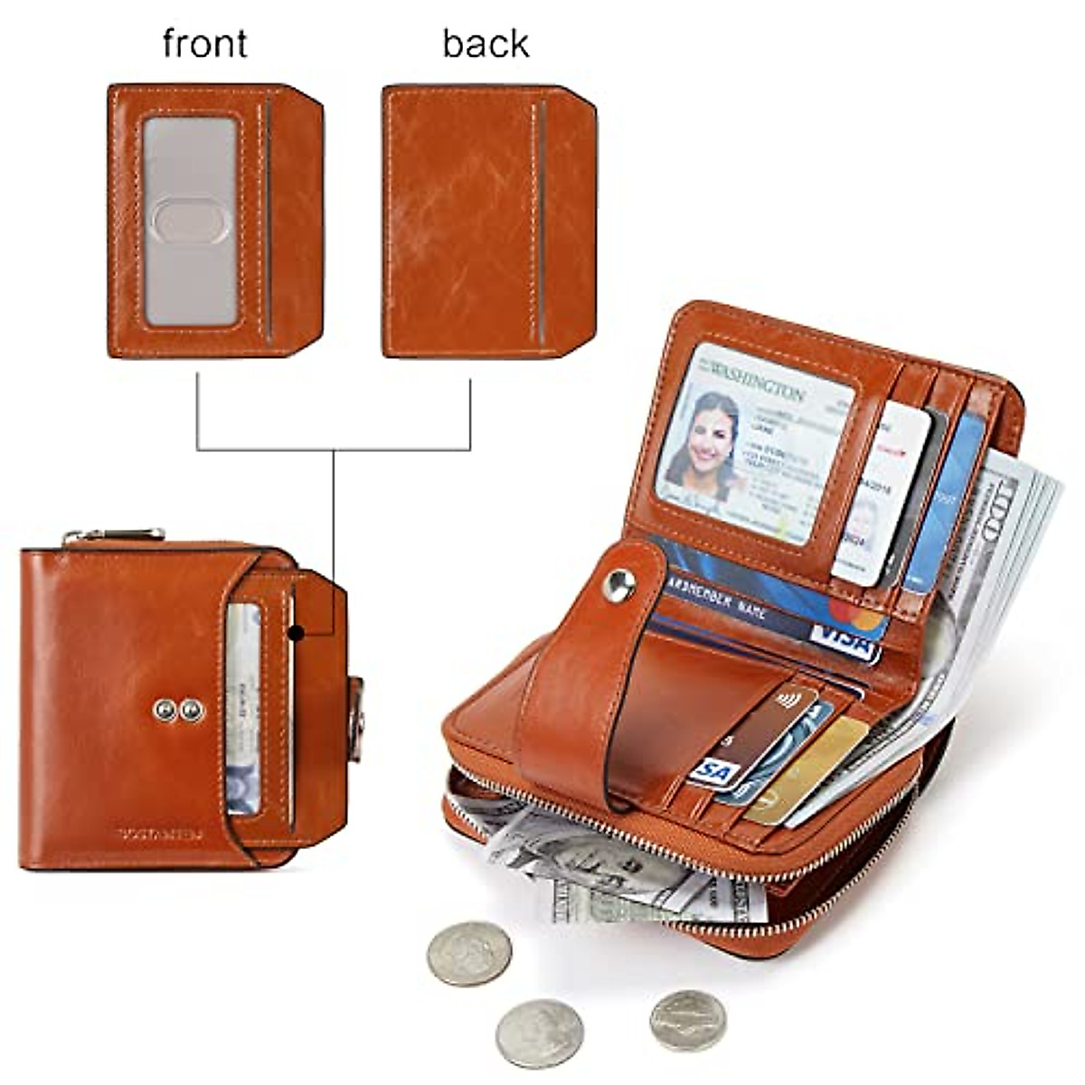 BOSTANTEN Leather Wallets for Women RFID Blocking Zipper Pocket Small Bifold Wallet Card Case Brown