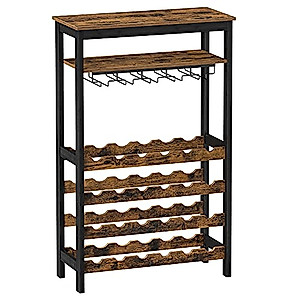 SONGMICS 24-Bottle Freestanding Wine Rack, Wine Storage Display Shelves with Tabletop and Glass Holder, Bar Rack with Bottle Holder for Kitchen Bar Dining Room, Rustic Brown and Black UKWR028B01