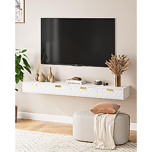 Aobafuir Floating Nightstand Shelf with Drawer, Small Modern Wall Mounted Nightstand, Shelves for Bedroom, White Diamond