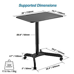 AVLT 44" Ambidextrous Pneumatic Laptop Standing Desk Cart (3 ft 8 in) - Mobile Rolling Desk - Computer Projector Cart - Rolling Height Adjustable Folding Desk - Mobile Black Cart with Brake Casters