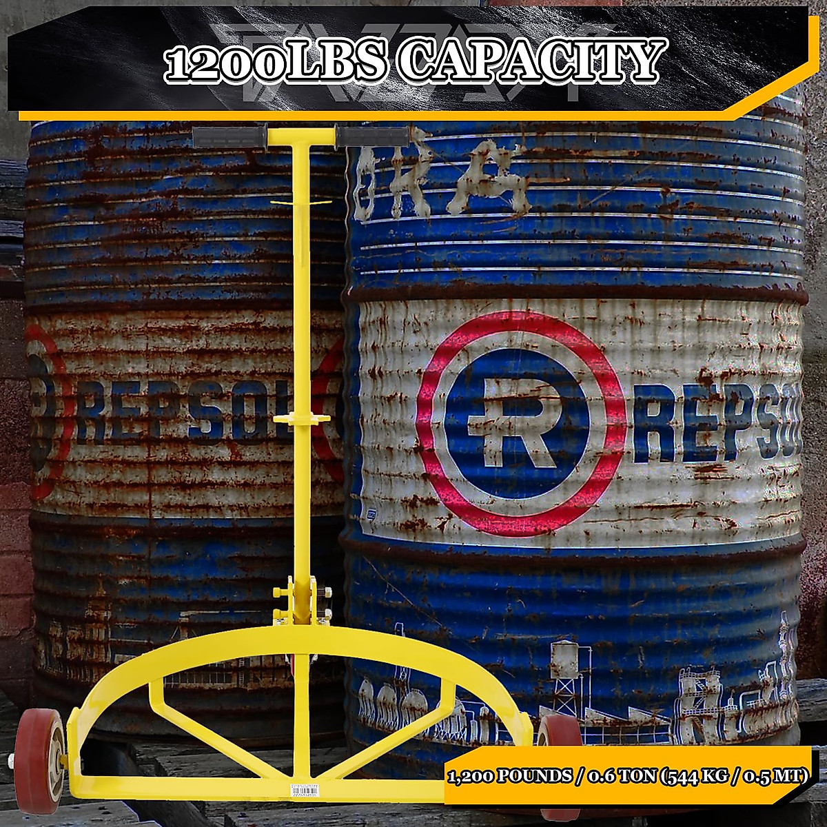 Tandagy 55 Gallon Drum Dolly 1200lbs Capacity Oil Drum Cart with Pivoting T Handle Low Profile Oil Barrel Drum Roller Cart Heavy Duty Oil Drum Caddy with Rotating Wheels for Workshop Factory Warehouse