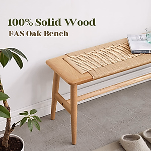 Hymus 32" L 100% FAS Oak Wooden Bench Indoor - Solid Wood Rope Woven Entryway Bench, Dining Bench, Boho Furniture for Entryway, Dining Room, Bedroom, Kitchen (Natural)