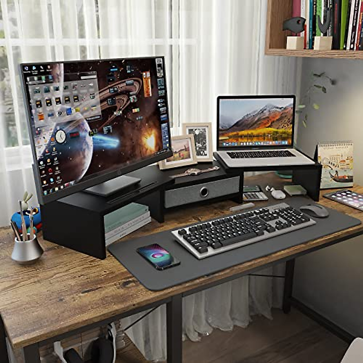 ORLALAR Dual Computer Monitor Stand with Drawer, Office Supplies Desktop Organizer Stand 3 Shelf Monitor Riser with Adjustable Length and Angle, Home Office Desk Accessories, Black