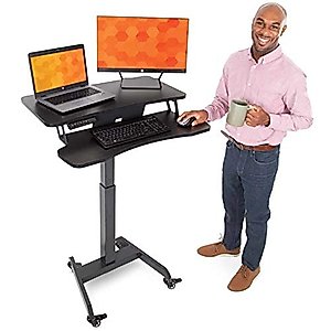 Stand Steady Cruizer Premier Rolling Electric Podium Desk - Height Adjustable, Mobile Standing Desk with Wheels, Keyboard Tray, Programmable Control, Compact Design for Office, School, Home (Black)