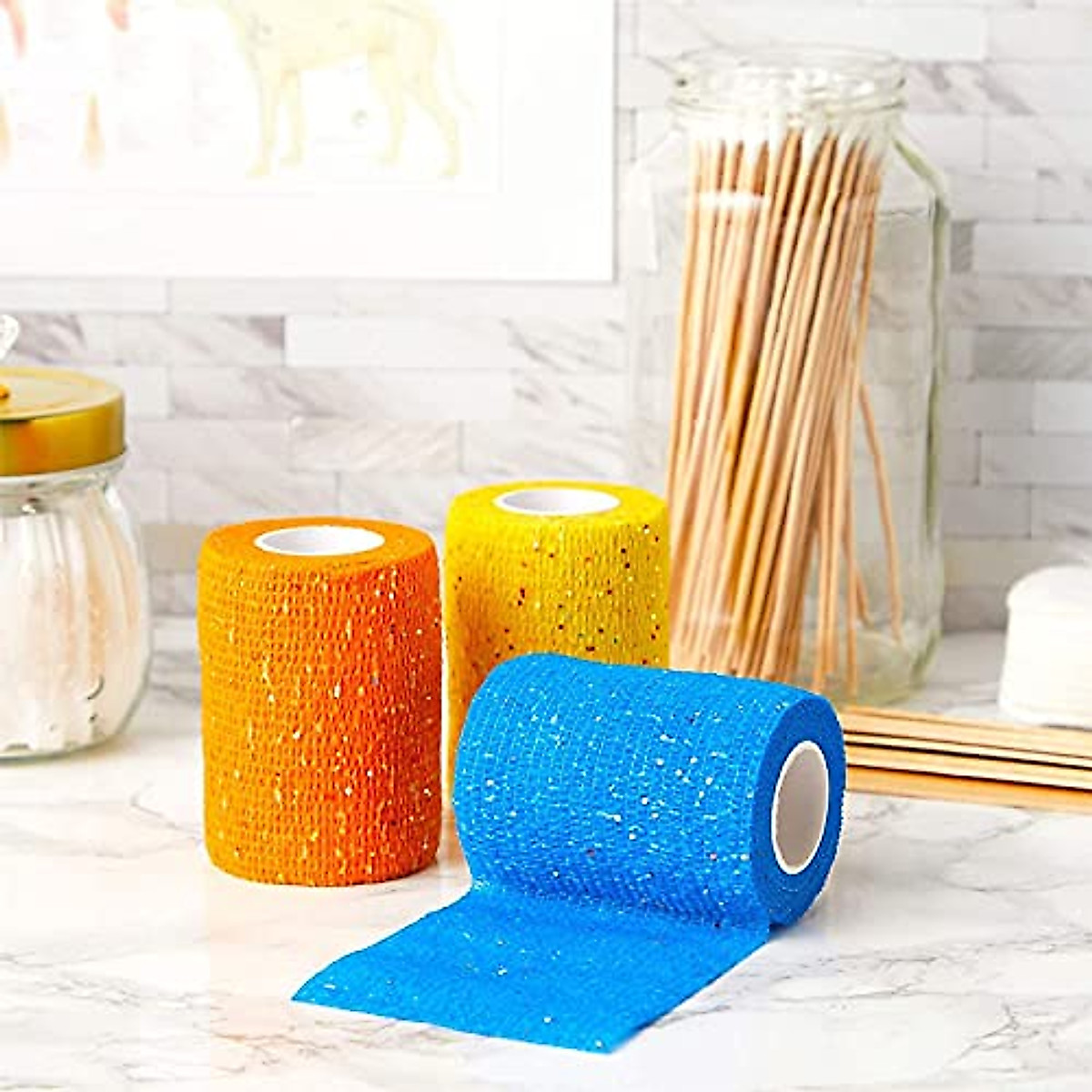 Self Adhesive Wrap, Glitter Cohesive Vet Tape for Pets (3x180 in, 12 Pack)