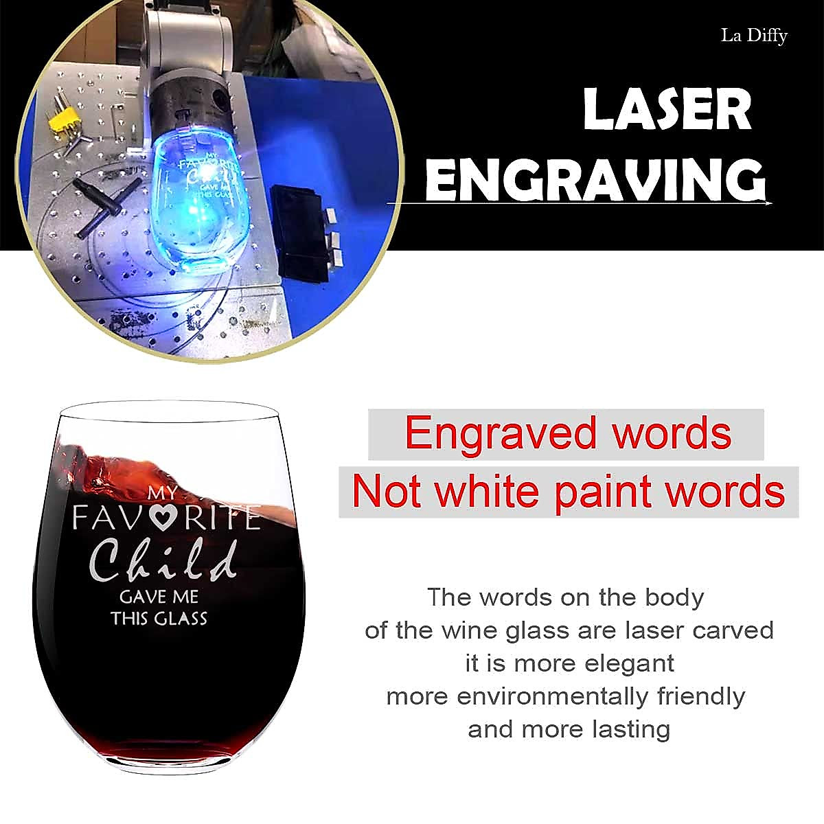 Birthday Fathers Mothers Day Gifts from Daughter Son Kids Best Christmas Gift for Mom Dad Funny Stemless Wine Glass My Favorite Child Gave Me Laser Engraved 19oz