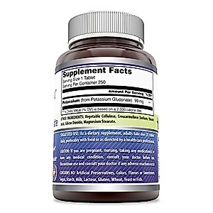 Amazing Formulas Potassium Gluconate 99 Milligrams - 250 Tablets (Non-GMO,Gluten Free) -Balances pH Levels - Supports Muscular Health