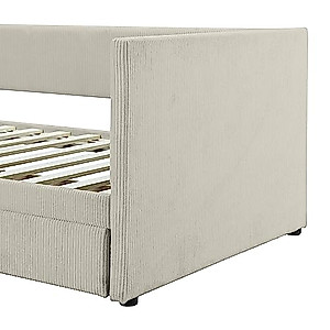 Aiuyesuo Twin Size Corduroy Daybed with Two Drawers, Solid Wood Sofa Bed Frame with Wood Slat Support for Bedroom, Guest Room, Living Room (Beige-ZC0E)