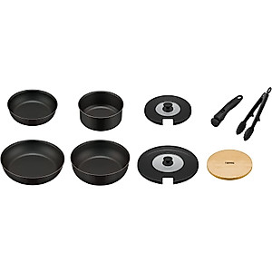 Thermos KSA-9A BK Durable Series 9-Piece Frying Pan with Removable Handle, AA, Induction Compatible, Black