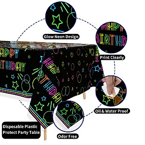 XJLANTTE 3 Pack Glow Party Tablecloth Supplies - Neon Plastic Disposable Birthday Table Cover, Black Light Rectangle All Over Print Table Cloth 51"x86.6" for Glow in The Dark Parties Decorations