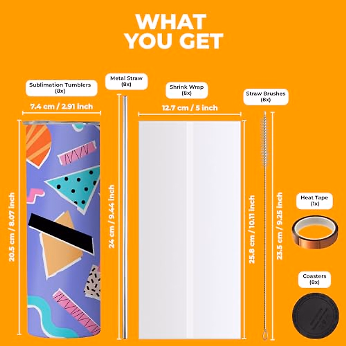 Oqnus 8 Pack 20 oz Sublimation Tumblers - Double Wall Insulated Blank Tumblers for Sublimation with Straws, Shrink Wrap, Heat Tape, Coasters - Premium Stainless Steel Sublimation Tumbler Blanks