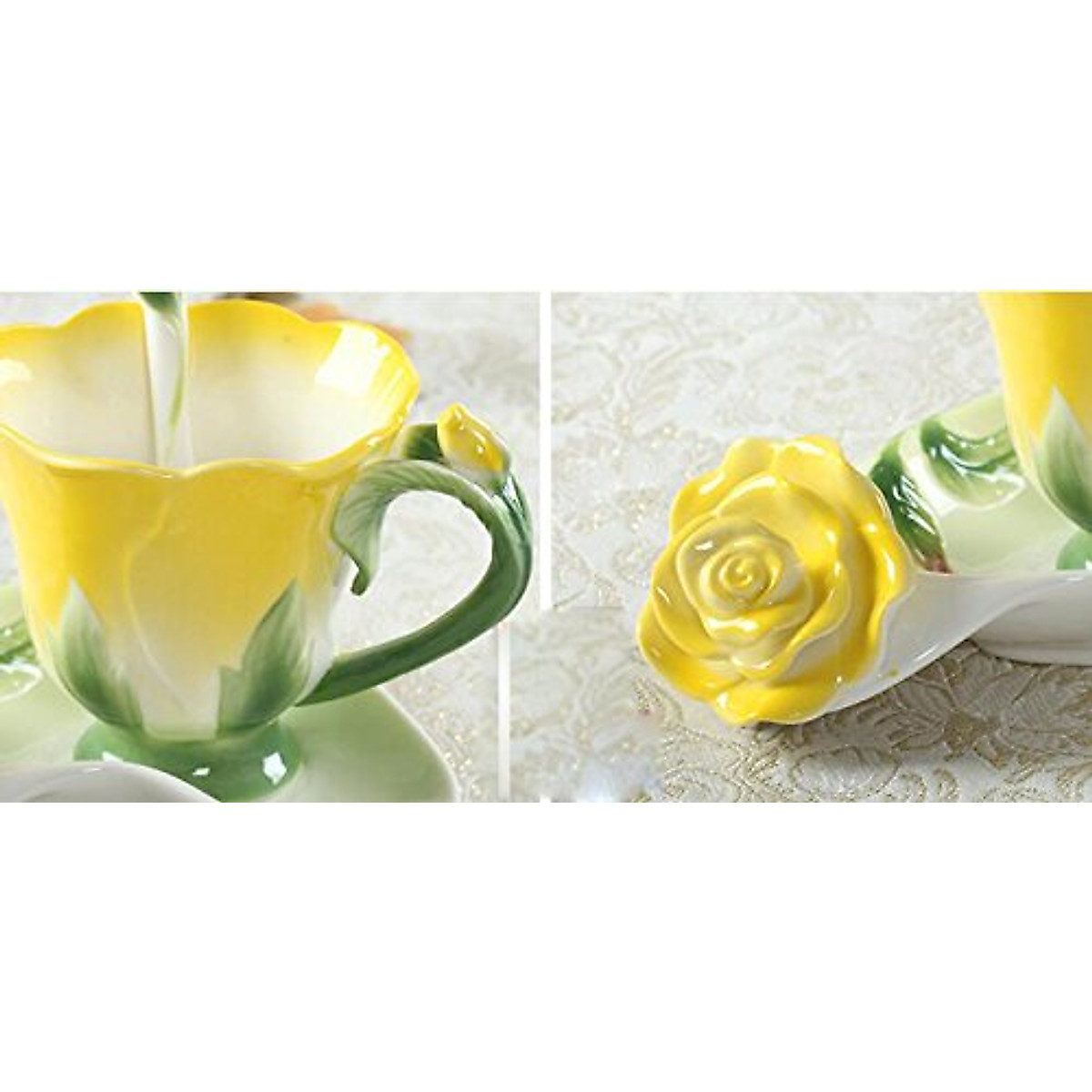 YBK Tech Creative 3D Rose Bone China Ceramic Coffee Mugs Afternoon Tea Cup and Saucer Set (Yellow)