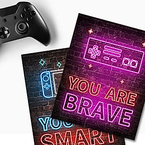 Neon Video Game Decor Set of 4(8"x10"), Boys Room Decorations for Bedroom, Encouragement Gaming Wall Art for Kids Boy Playroom Home Decor, gamer wall art, Teen boy bedroom, No Frames