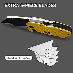 deli Folding Utility Knife Box Cutter Quick Change Blades, Back-lock Small Utility knife, Portable Belt Clip, with 5-Piece Extra Blades, Yellow