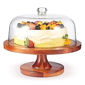 Wehome Cake Stand with Dome，Acacia Wood Cake Stand with Acrylic Lid，Footed Cake Stand Cake Pedestal Stand with Cover，Cake Plate Cake Holder Cake Displaying Stand(Large)