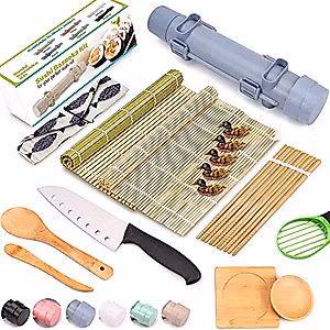 Sushi Making Kit, 22 Pcs Pro Sushi Kit Includes Bazooka Roller, Bamboo Mats, Avocado Knife, Sushi Knife, Chopsticks, Sauce Dishes, Rice Spreader & More All-in-One DIY Sushi Gift