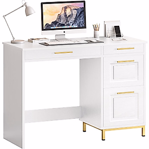 4 EVER WINNER White Desk with Drawers, 43” Home Office Small Desk with Drawers, Gold Hardware for Small Space, White and Gold Desk Writing Study Table for Bedroom