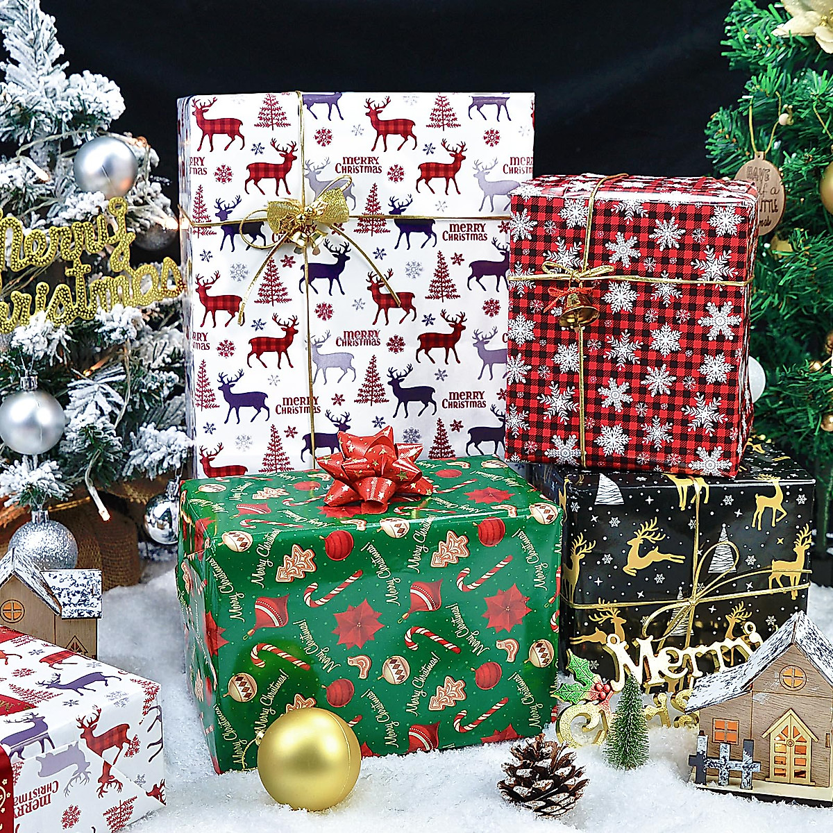 Christmas Wrapping Paper for Women Men Boys Girls,12Pcs Xmas Gift Wrapping Paper with Reindeer, Christmas Tree, Snowflakes, "Merry Christmas" Words, Candy Canes, Bells, Holiday Gift Wrap 20×29 Inch