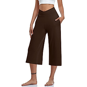 TARSE Womens Casual Wide Leg Yoga Capris Summer Crossover High Waist Capri Pants Loose Soft Pajama Pockets Sweatpants(Brown,M)