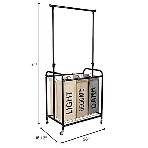 Oceanstar 3-Bag Rolling Laundry Sorter with Adjustable Hanging Bar, Color