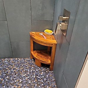 TEAKMAMA 16.5" Teak Corner Shower Bench for Shaving Legs,Corner Shower Stool with Shelf,Sturdy Teak Wood Seat Fits Nicely into Your Shower Corner - Space Saving,Waterproof,Easy to Assemble