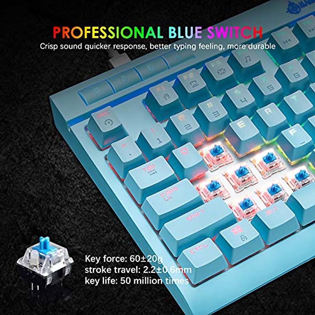 RGB Rainbow Mechanical Gaming Keyboard and Mouse Combo Blue Switch 87 Keys Backlit Keybaord with Lightweight Honeycomb Shell Wired RGB Gaming Mouse 6400 DPI Mouse pad for PC Gamers Xbox One PS4 PS5