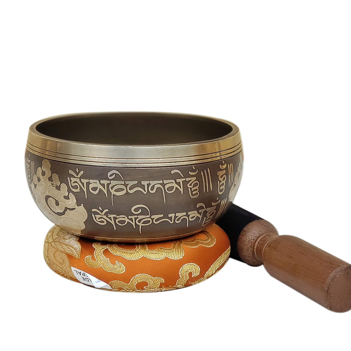 Khusi 4.5 Inch Tibetan Singing Bowl Set, Handmade, Decorative Chakra Bowl for Mindfulness, Wisdom Eye Mantra Engraved, Comes w/Silk Cushion, Leather Mallet and Carry Pouch