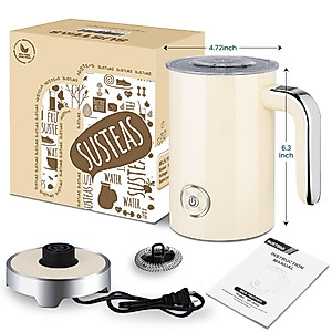 SUSTEAS Milk Frother and Steamer, Electric 4 in 1 Warm and Cold Foam Maker, Automatic Shut-Off Frother with Two Whisks for Latte, Cappuccino, Hot Chocolate, 500W, Beige, 8oz/240ml