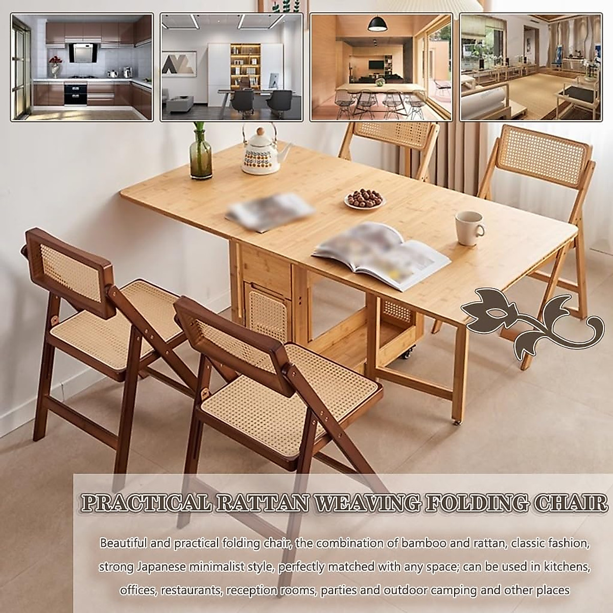 Folding Chairs Household Rattan Weaving Ergonomics Fold Up Chair, Kitchen Bamboo Backrest Dining Chair, Load-bearing150kg/330.7lbs (Color : Primary Color, Size : 82 * 54 * 44.5cm)