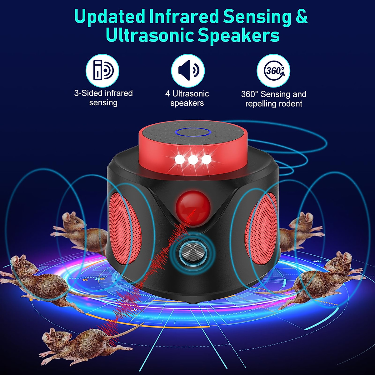 Lemyzo Mouse Repellent Indoor, Ultrasonic Rodent Repellent, Powerful 360° Mice Repellent for House with 3 Sided Sensing 9 Strobe Lights, Rat Squirrel Bat Deterrent for Garage, Warehouse, UR02S